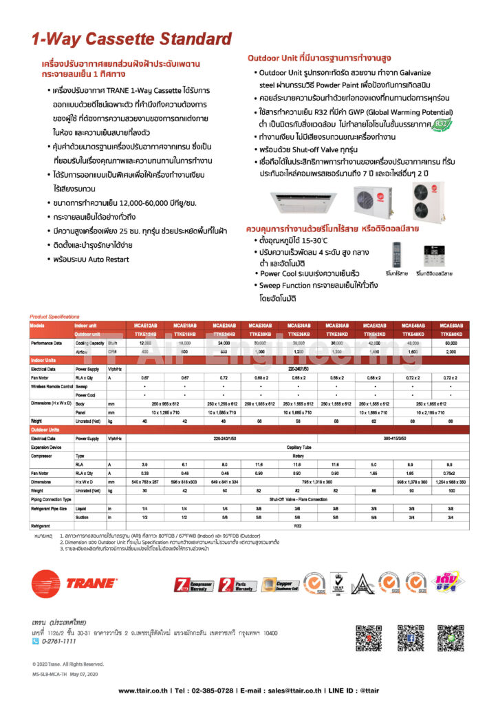 แอร์ฝังฝ้า TRANE 1-Way Cassette Standard Series (MCAE) | TT Air Engineering