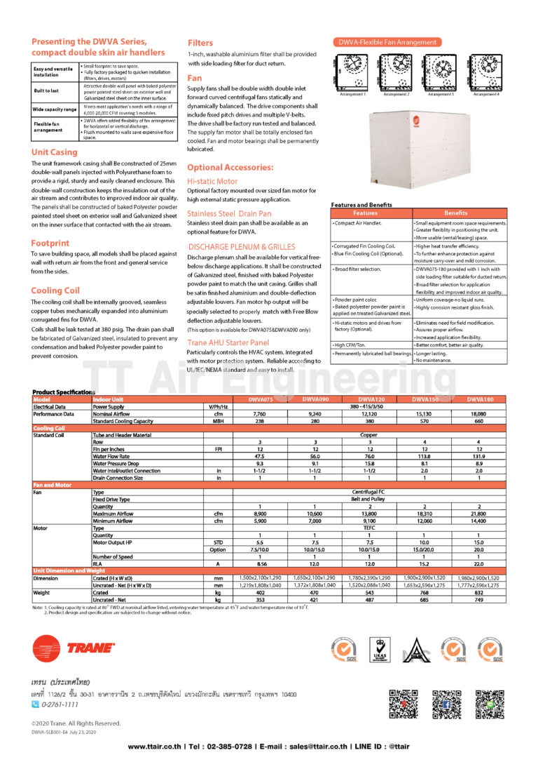 แอร์เชิงพาณิชย์ TRANE Air Handling Unit DWVA (Double Skin AHU) | TT Air ...