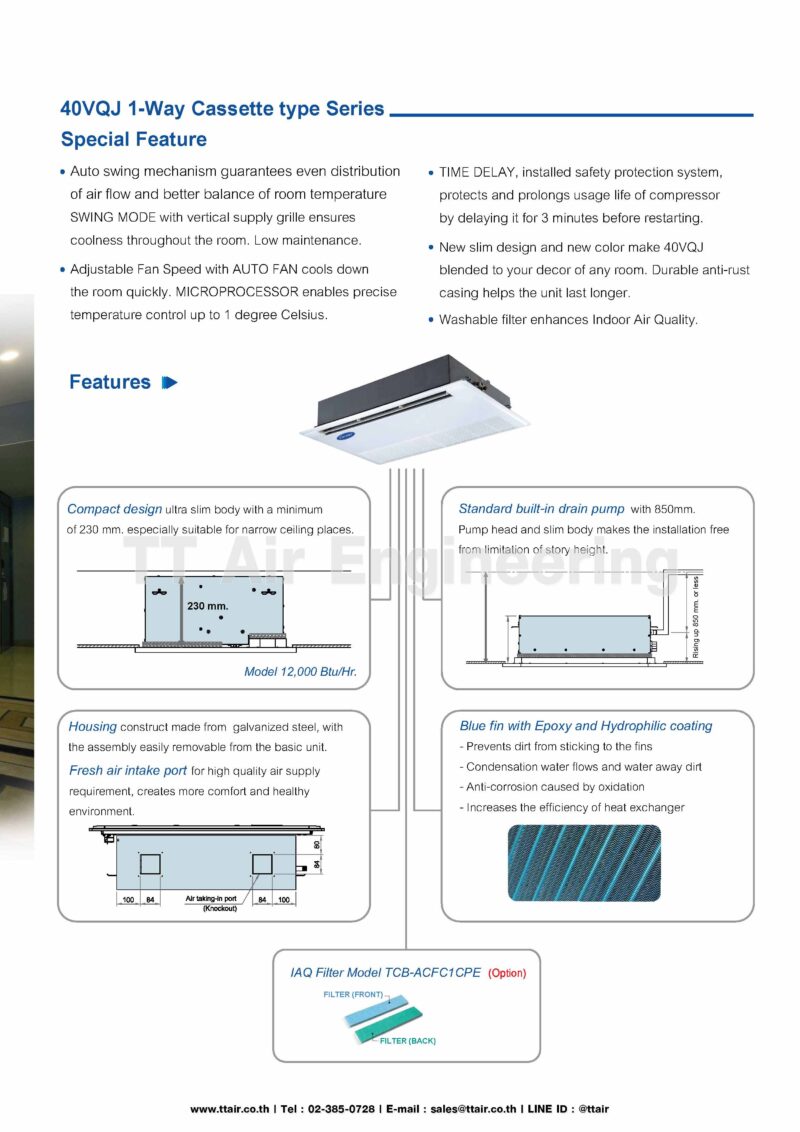แอร์ฝังฝ้า Carrier 40VQJ Series | แอร์ 1 ทิศทาง | TT Air Engineering