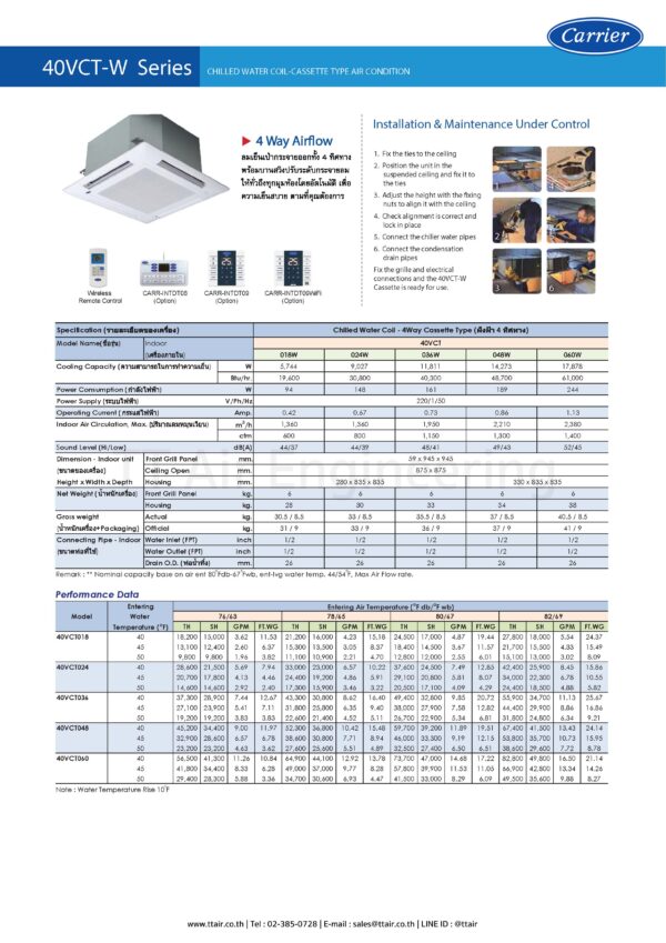 แอร์คอยล์น้ำเย็น Carrier 40VCT-W Series แบบฝังฝ้า | TT Air Engineering