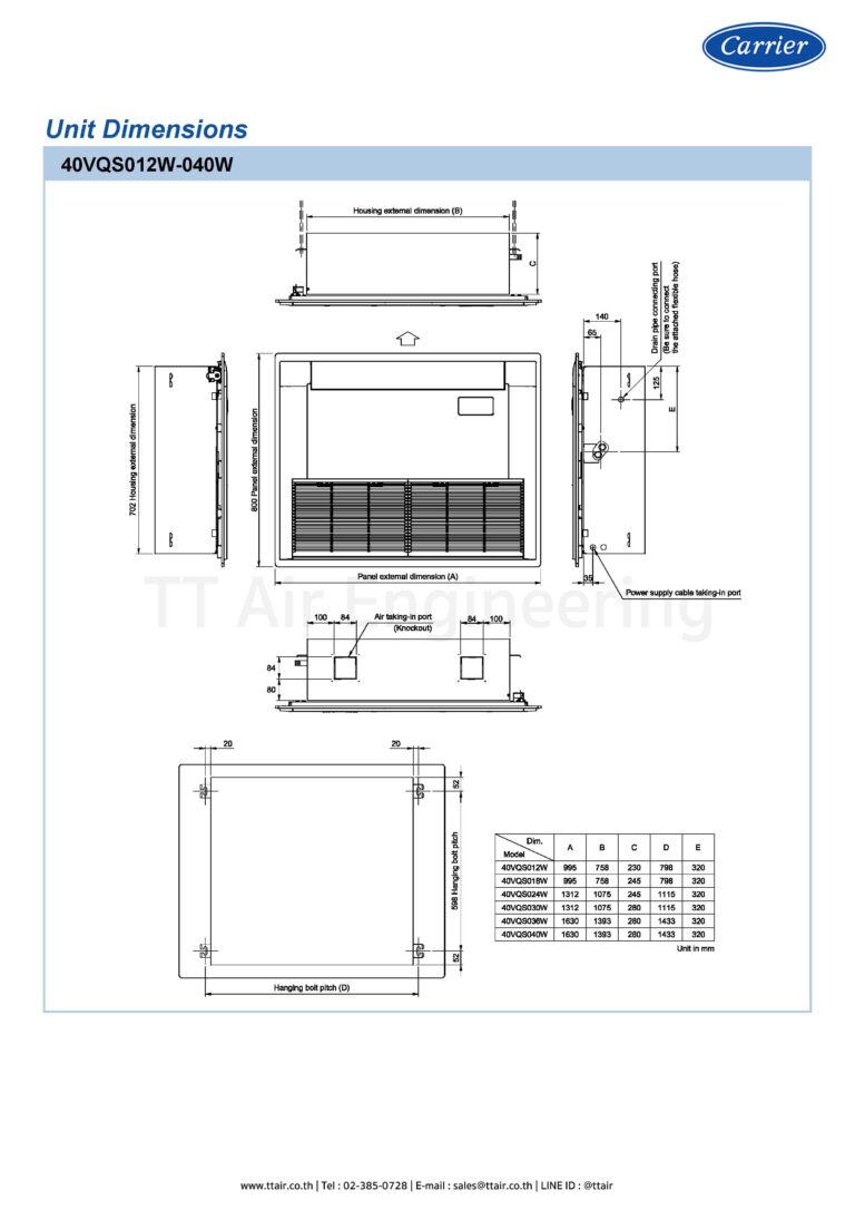 แอร์คอยล์น้ำเย็น Carrier 40VQS-W Series แบบฝังฝ้า | TT Air Engineering