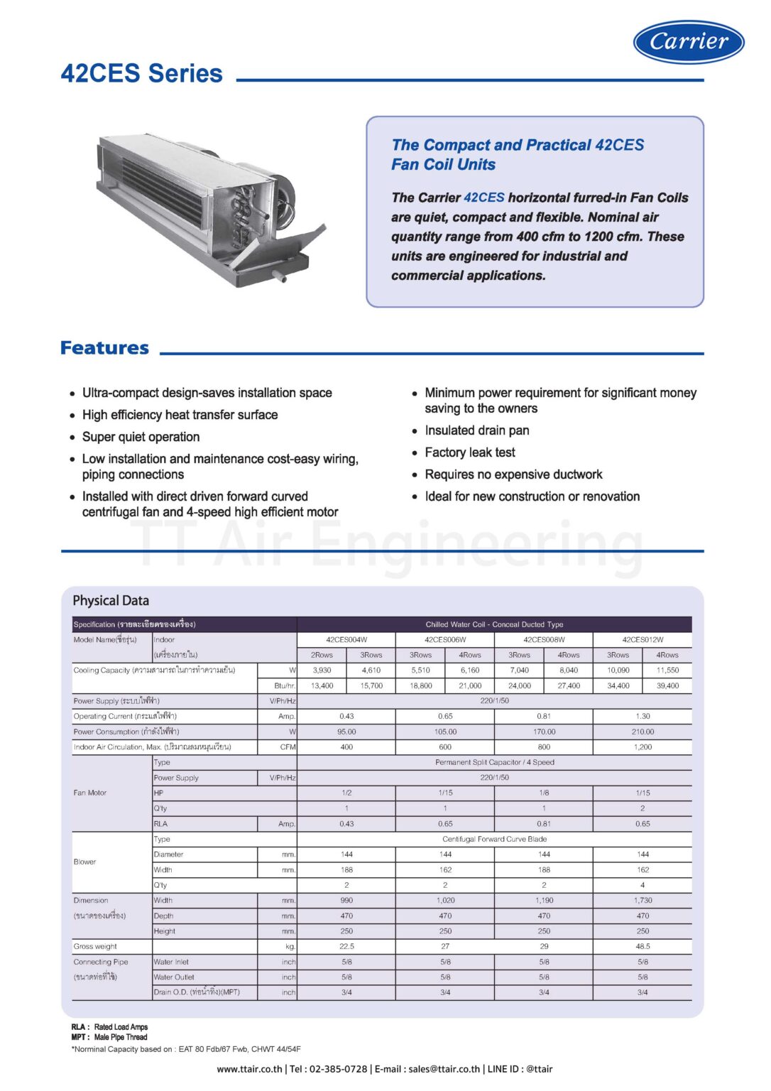 แอร์คอยล์น้ำเย็น Carrier 42CES-W Series แบบท่อลม | TT Air Engineering