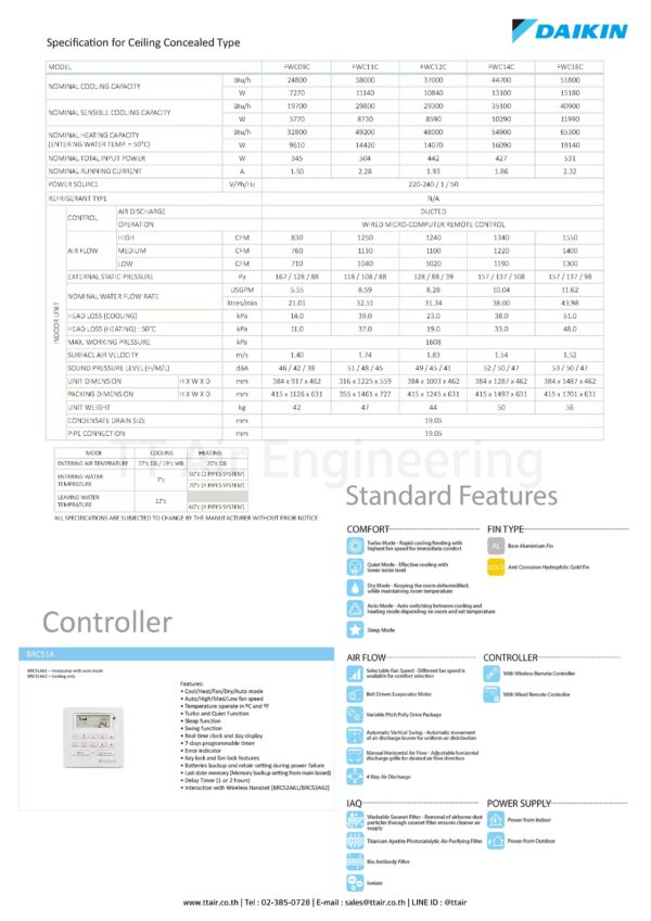 แอร์คอยล์น้ำเย็น DAIKIN FWC-C Series แบบท่อลม | TT Air Engineering
