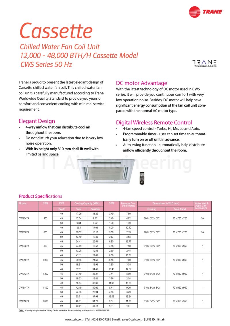 แอร์คอยล์น้ำเย็น TRANE CWS Series แบบฝังฝ้า | TT Air Engineering