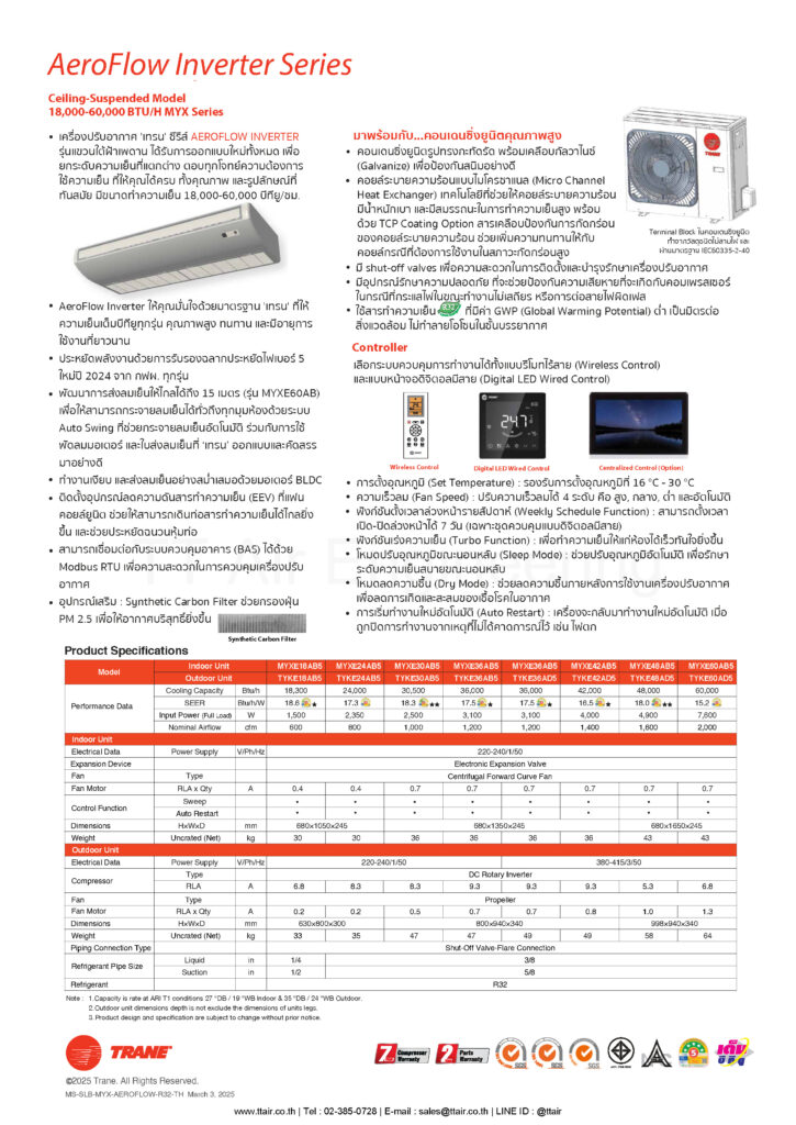 แอร์แขวนใต้ฝ้า TRANE AeroFlow Inverter Series (MYXE) | TT Air Engineering