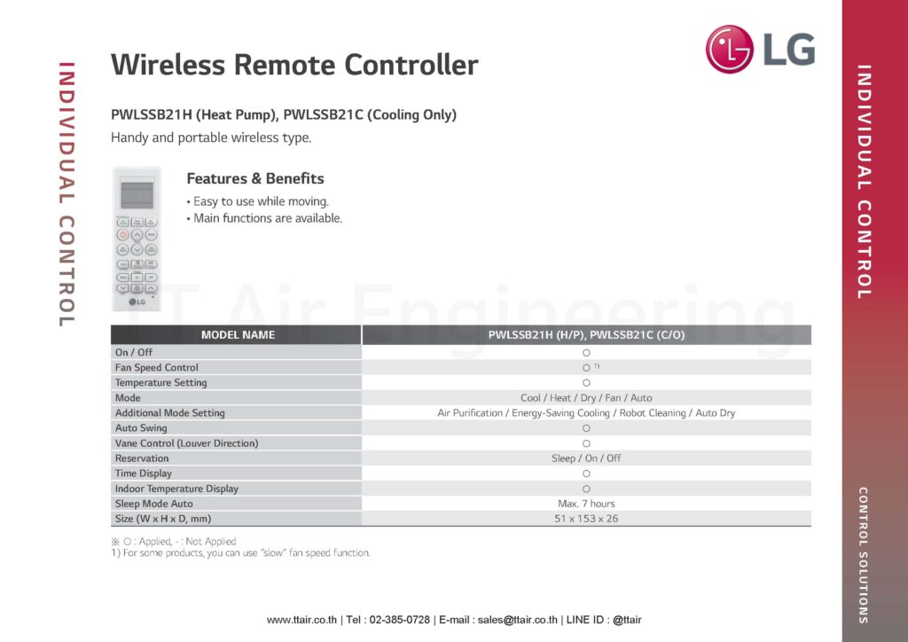 LG Wireless Remote Controller PWLSSB21H | TT Air Engineering