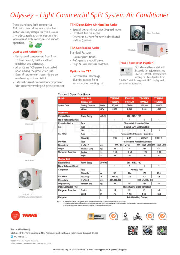 แอร์ TRANE ODYSSEY TTA/TTH Direct Drive (R410A) | TT Air Engineering