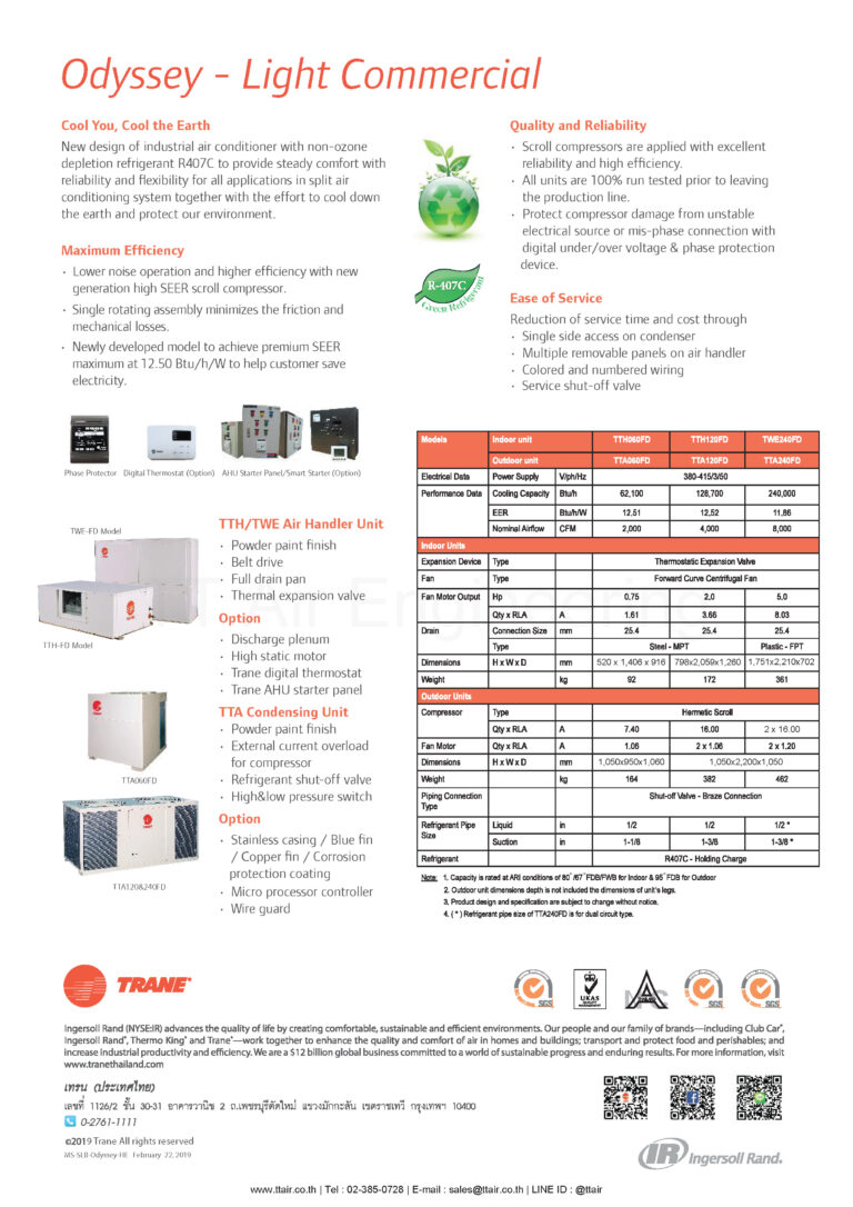 แอร์ TRANE ODYSSEY TTA/TTH High Efficiency (R407C) | TT Air Engineering
