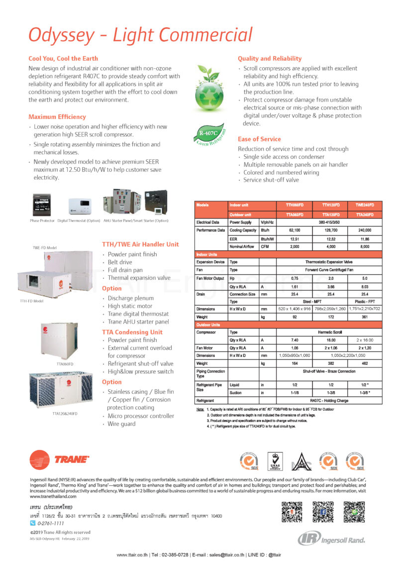 แอร์ TRANE ODYSSEY TTA/TTH High Efficiency (R407C) | TT Air Engineering