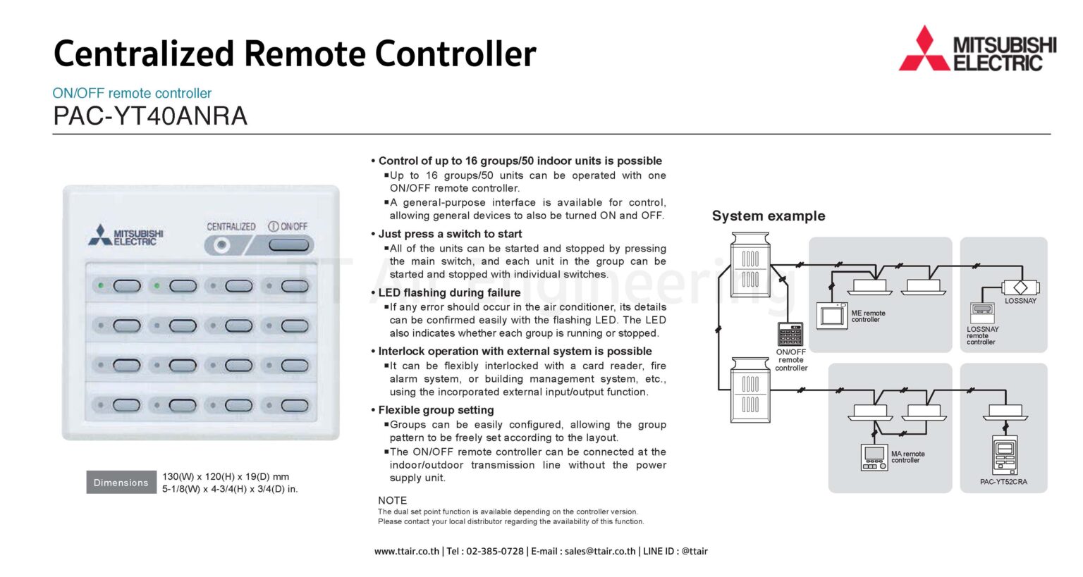 MITSUBISHI ELECTRIC ON/OFF Remote Controller PAC-YT40ANRA | TT Air ...