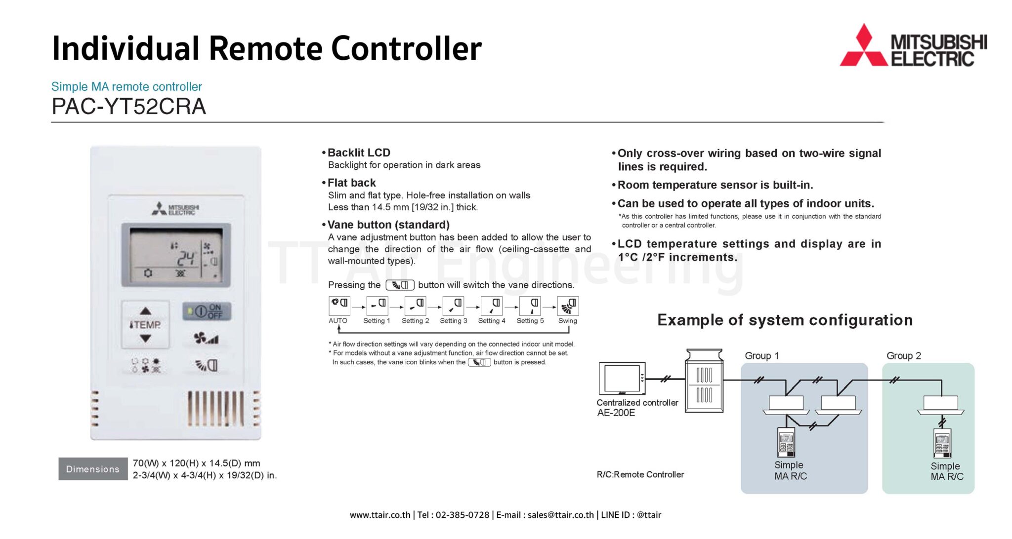 MITSUBISHI ELECTRIC Simple MA Remote Controller PAC-YT52CRA | TT Air ...