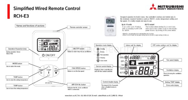 Mitsubishi Heavy Industries Wired Remote Control RCH-E3 | TT Air ...
